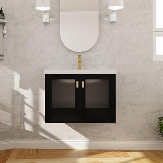 30" Striped Navy Blue Bathroom Vanity with White Ceramic Sink, Wall ...