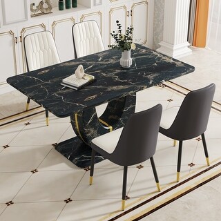 Black Marble Pattern MDF Dining Table Set - 63"x37" with 4 PU spliced ...