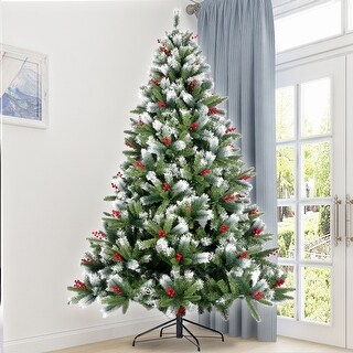 Flocked Pine Needle Christmas Tree - 7.5ft with Cones and Red Berries ...