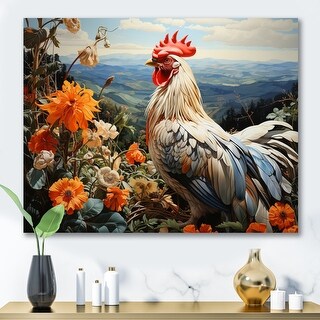 Designart "Cream Rooster With Orange Flower Landscape" Animals Wall Art ...