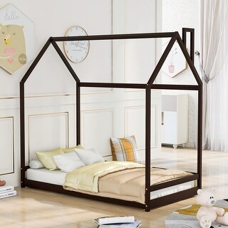 Full/Twin Size House Bed with Roof - Low Floor Twin Bed Frame with Semi ...