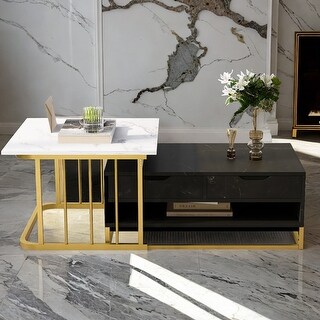 Set of 2 Marble Nesting Golden Coffee Table, Modern Metal Frame End Table with Drawers & Shelves ...