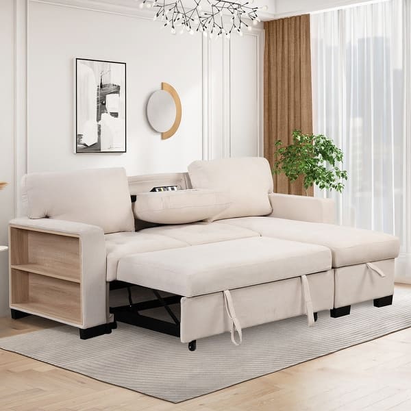 Light Chaise Lounge Sectional Sofa Pull-out Sofa Bed with Storage Rack ...