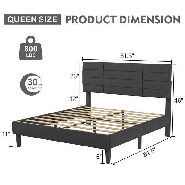 Strong Bed Frame with Upholstered Headboard and Wooden Slats Support ...