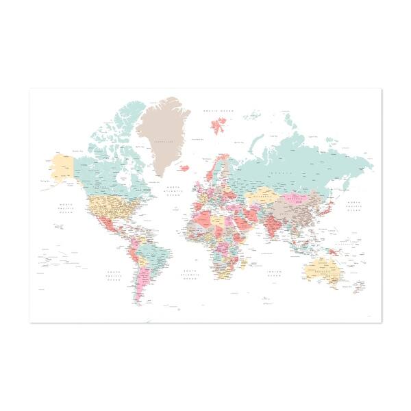 Pastels detailed world map with cities Maps US State Art Print/Poster ...