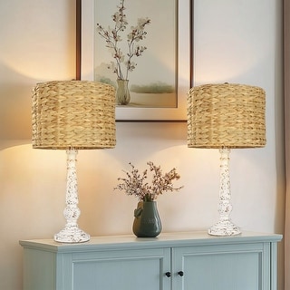 1-Light Nightstand Lights Weaved Rattan Drum Shade Table Lamp - Bed ...