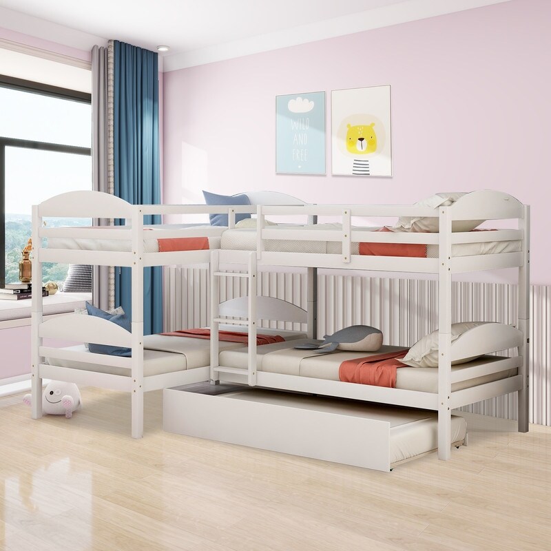 Quad Bunk Bed with Trundle L Shaped Bunk Bed for 4 Kids Wooden Twin Bunk Bed Frame Bed Bath Beyond 38039900