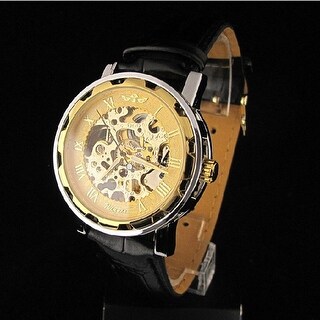 Men's Black Leather Gold Dial Skeleton Mechanical Sport Wrist Watch ...