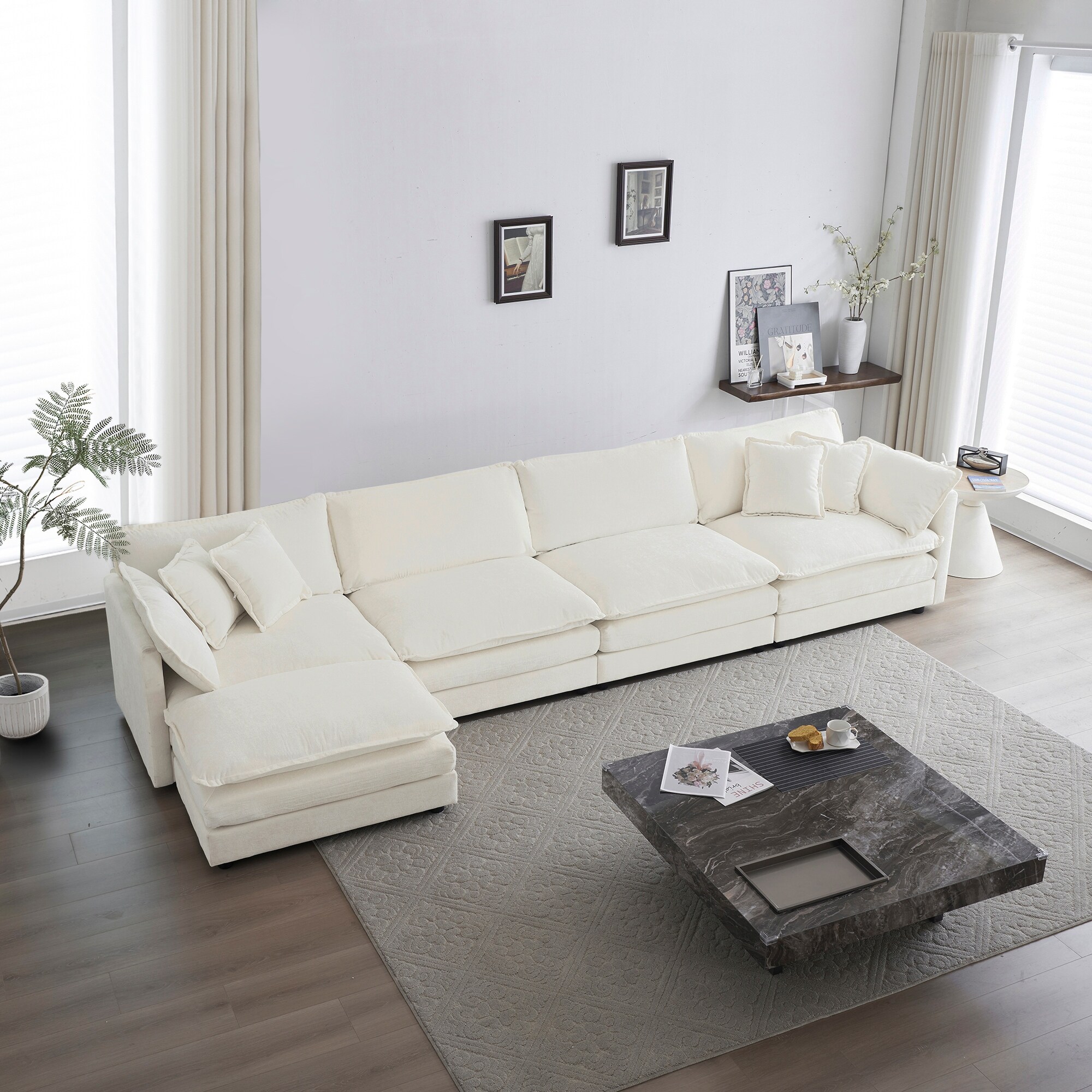 Modular White Sectional Sofa Living Room Sofa Set with Ottoman L Shaped Chenille Couch 5 Seater Convertible Sleeper Couch