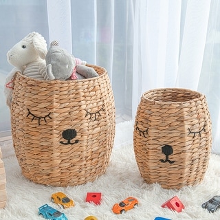Set of Two Round Bear Storage Baskets with Lid - Natural - Bed Bath ...