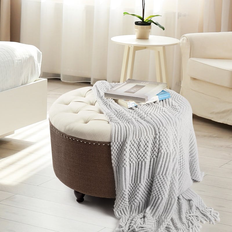 Adeco Tufted Dual Tone Linen Upholstered 28-inch Round Ottoman ...