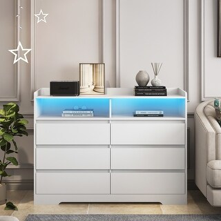 6 Drawer Dresser, White Dresser for Bedroom with LED Lights, Modern ...