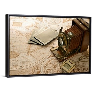 "Antique camera and world map" Black Float Frame Canvas Art - Bed Bath ...