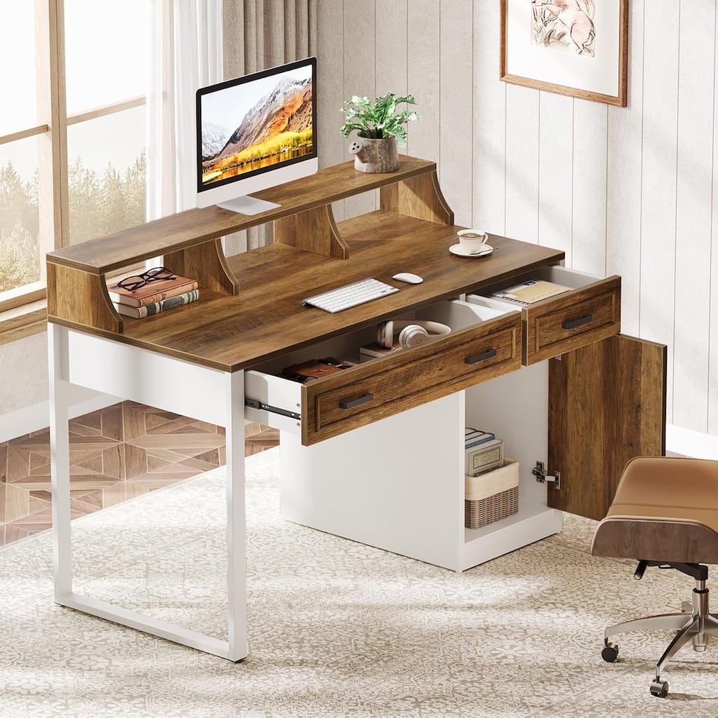 Computer Desk with Drawers & Hutch, Modern Executive Office Desk with ...