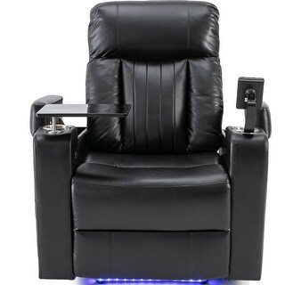 Black PU Leather Power Recliner with Storage Arms and Swivel Tray Table ...