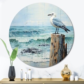 Designart "Seagull Seagull Solitude Pointillism I" Animals Metal Circle ...