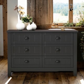 Classic 6-Drawer Black Solid Wood Frame Dresser with Retro Shell Handle ...