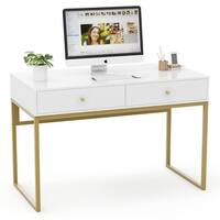 Computer desk Writing Desk with 2 Drawers, 47 inch White and Gold Desk ...