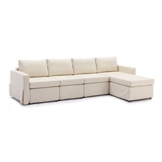 Cream L-Shape Sponge Chaise Lounge Couch Linen Sectional Sofa Set - Bed Bath & Beyond - 39054949