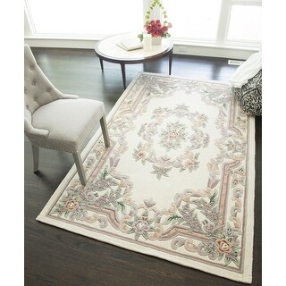 Aubusson Ivory Tan Hand-Tufted Carved Wool Oriental Area Rug Round ...