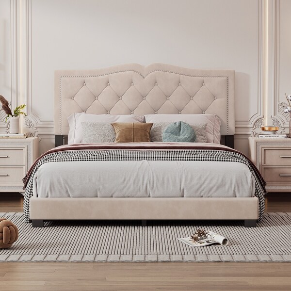 Queen Upholstered Platform Bed Frame w Button Tufted Headboard Rivets Beige
