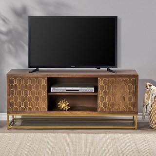 Contemporary Handcrafted Mango Wood TV Stand with Sunburst Design for ...