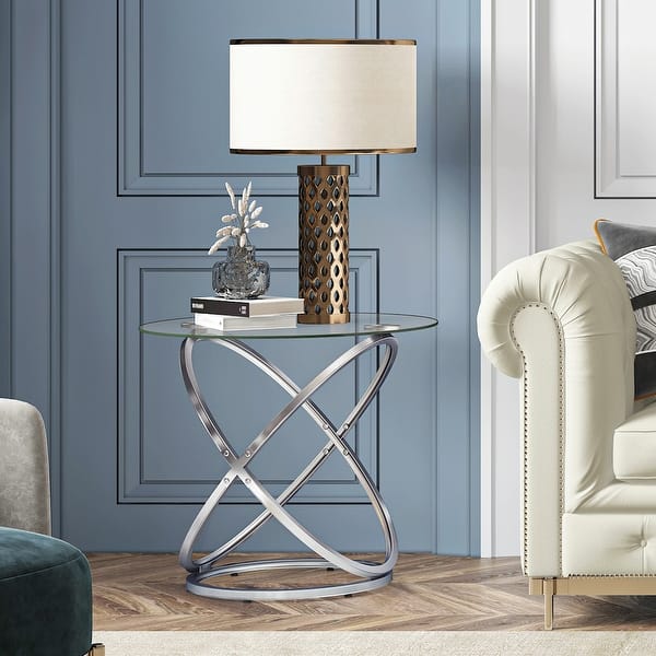 Myhozm Modern Round Glass/Stone Top Side Table with Metal Base - Bed ...