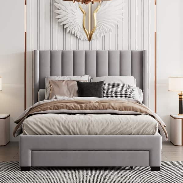 Elegant Velvet Upholstered Platform Bed With A Big Drawer Wood Storage