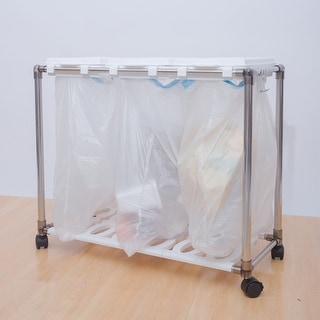 3 Compartment Rolling Trash Can, ABS Sorter Garbage Basket on Wheels ...