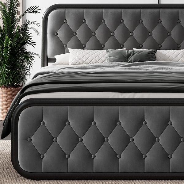 Queen Bed Frame with Rhombus Button Tufted, Oval-Shaped Metal Platform ...