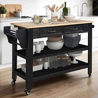 Rolling OAK Wood Top Kitchen Cart with Wine Rack and 2 Drawers - Bed ...