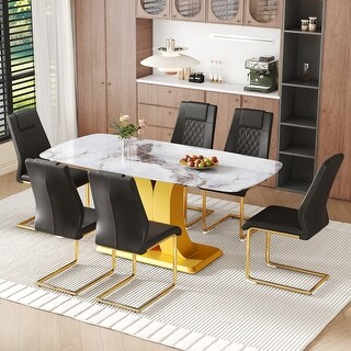 71" Tempered Glass Dining Set (White Marble Sticker, 6 Black Chairs ...