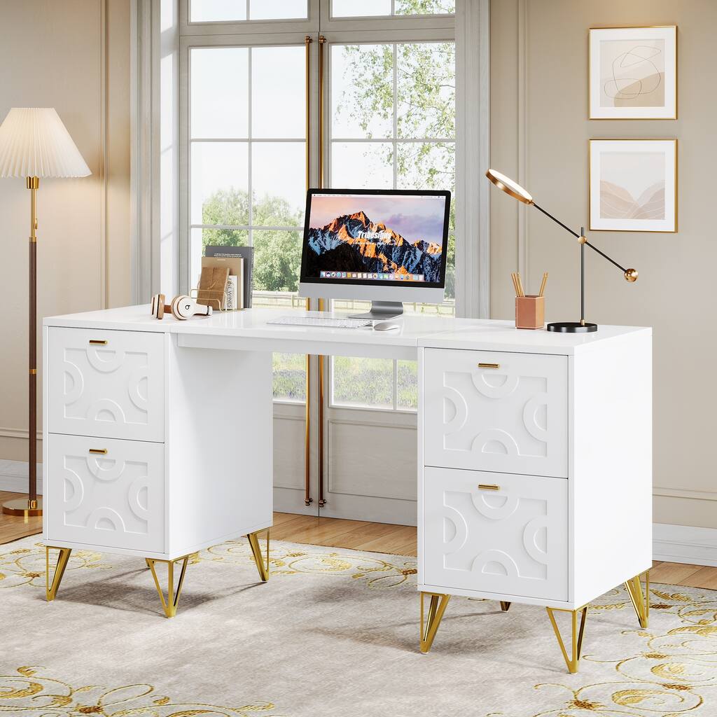 White Computer Desk with File Drawers, 59'' Modern Home Office Desk ...