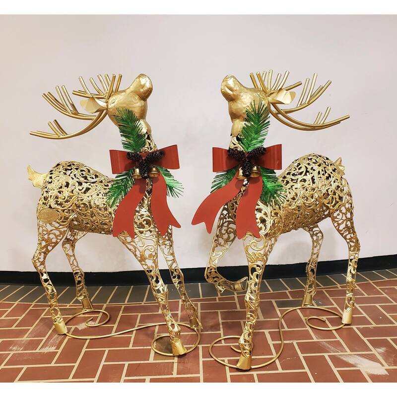 Set of 2 Galvanized Christmas Reindeer in Gold Finish with Red Ribbon ...