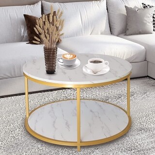 31.5 inch Round Coffee Table with Storage Open Shelf Wooden Top Sturdy ...