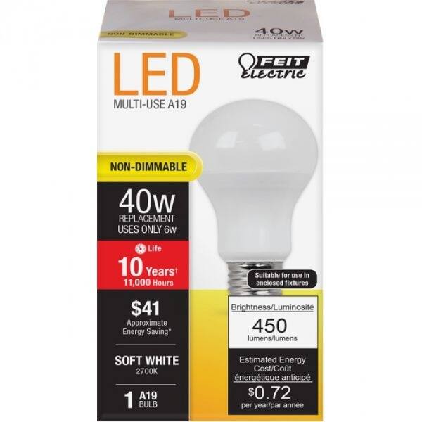Feit Electric A450/827/10KLED Non-Dimmable LED Light Bulb, Soft White ...