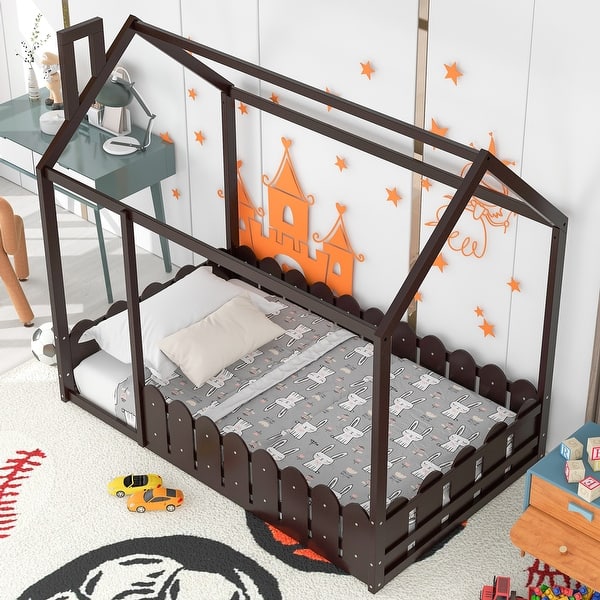 Kids Twin Size Wood Bed House Frame with Roof and Fence - Bed Bath ...
