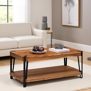 42-Inch Coffee Table - Solid Acacia Live Edge Top, Metal Frame, Lower ...
