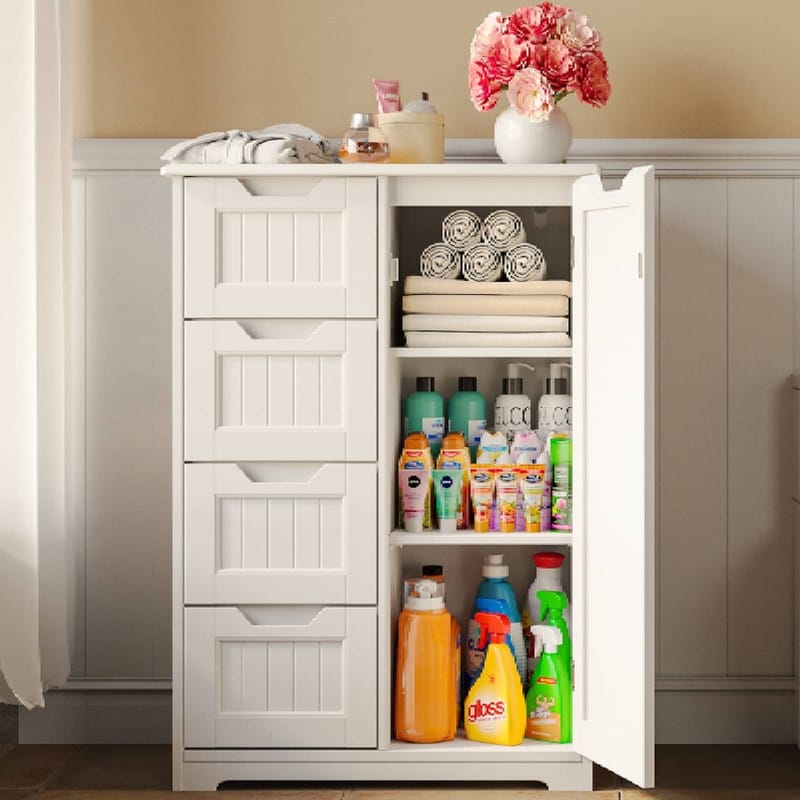 Bathroom Floor Storage Cabinet Free Standing Floor Storage Cabinet with 4 Draws and Adjustable Shelf White