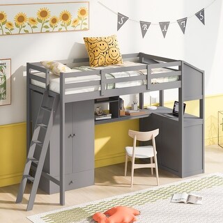Modern Twin Size Loft Bed with Wardrobe and Drawers, attached Desk with ...