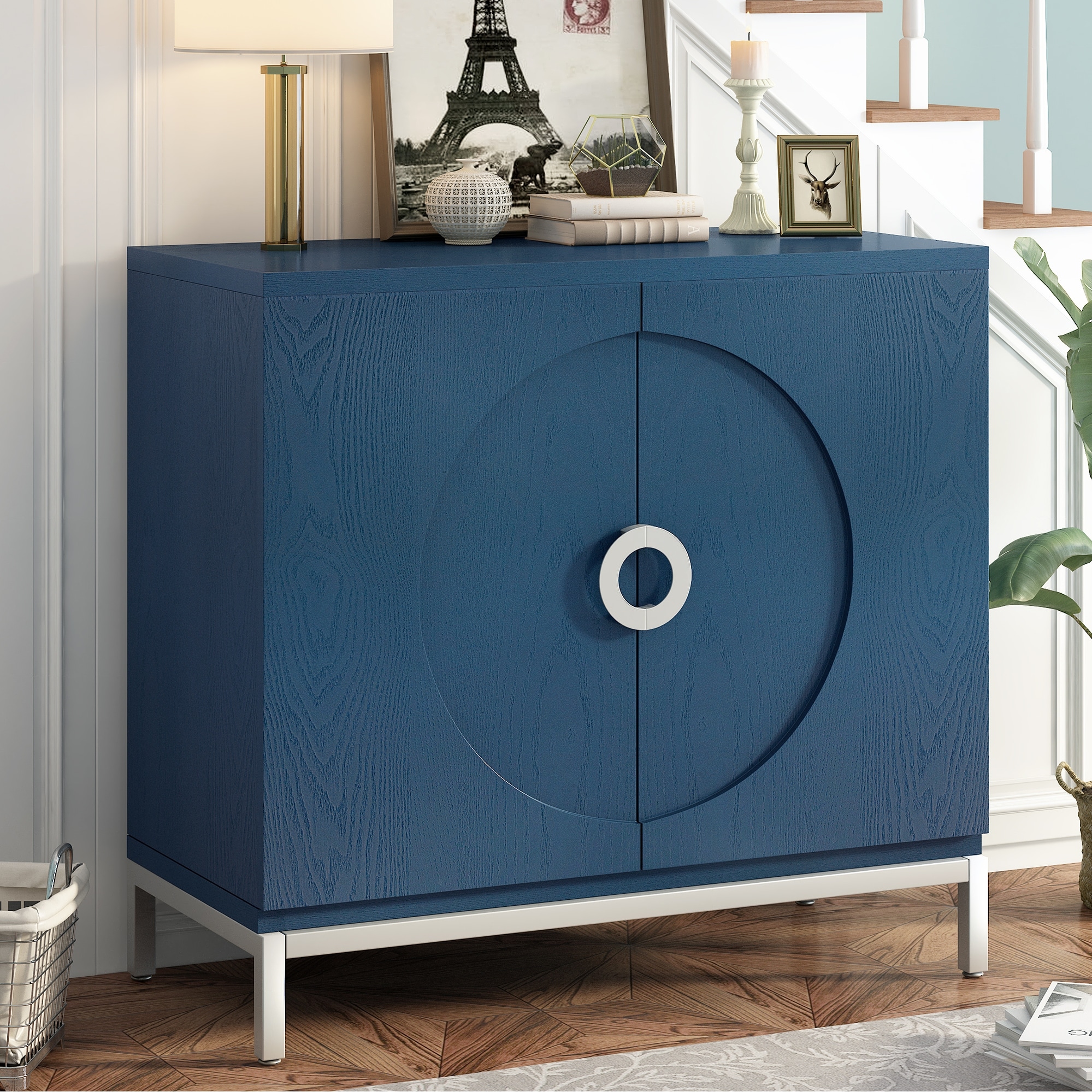 Simple Storage Cabinet Accent Cabinet with Solid Wood Veneer and Metal Leg Frame for Living Room Entryway Dining Room