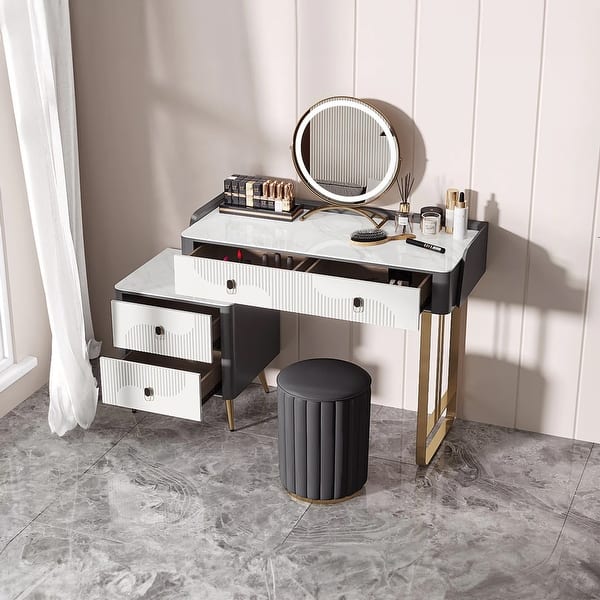 4-Drawer Vanity Table Set, Sintered Stone Dressing Table & Stool - Bed ...
