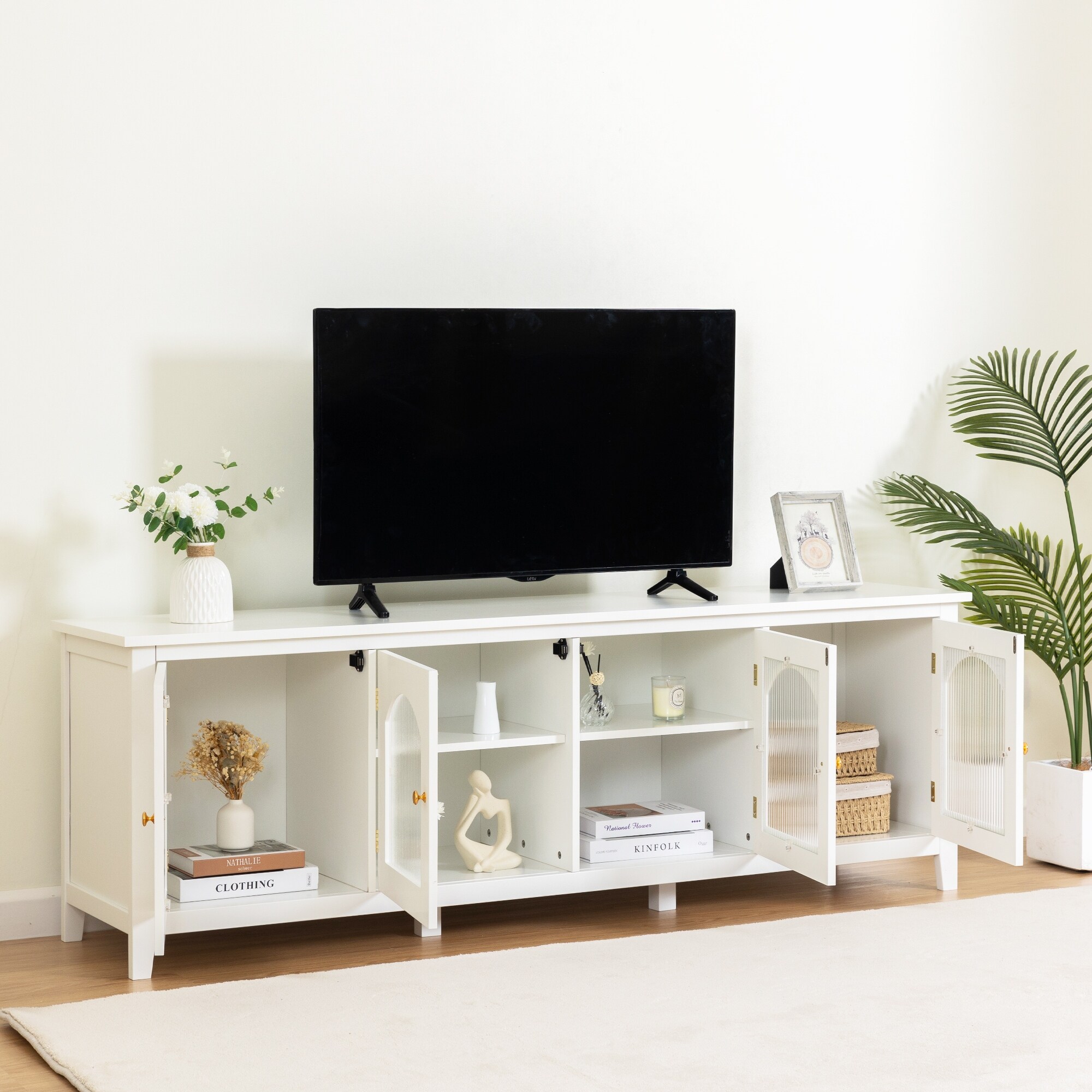 Stylish TV Stand with 4 Glass Doors TV Console Table Entertainment Center w Storage Shelves Modern TV Cabinet for Living Room Antique Blue