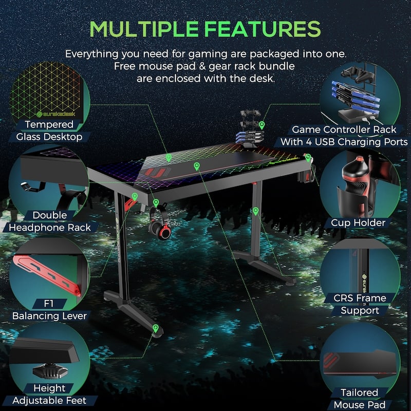 Professional Ergonomic Tempered Glass Top Gaming Desk with LED Lighting ...