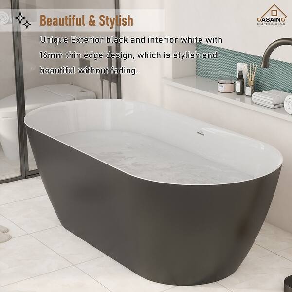 CASAINC 67 inch Black Outside and White Inside Matte Freestanding Solid Surface Soaking Tub ...