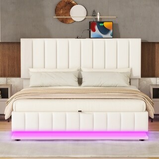 White Modern Creative Queen Size Upholstered Bed w/ Hydraulic Storage ...