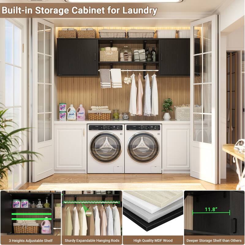 65''W Reversible Laundry Storage Cabinet with Doors and Storage Shelves ...