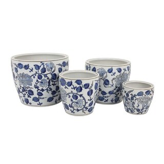 Ame Set of 4 Flower Pots, Round Top, Classic Blue Floral Print, White ...