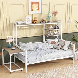 Twin size Metal Daybed with Movable Desk, Metal Grid, Shelves and ...