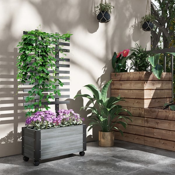 Outsunny Raised Garden Bed, Wooden Planter with Trellis and Metal ...
